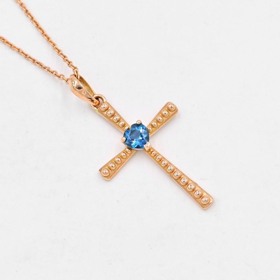 16x30mm 14K Solid Gold London Blue Topaz Cross Pendant, Holy Cross Gold ...