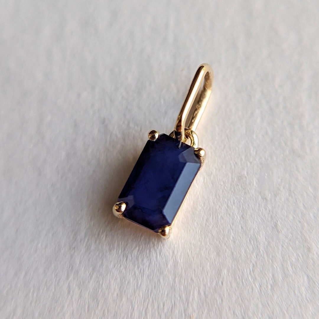 14K Solid Yellow Gold Blue Sapphire Charm Pendant (6x4mm) - Etsy