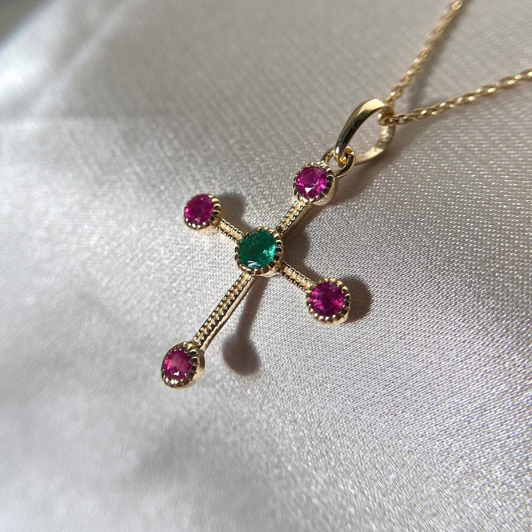 14k Solid Yellow Gold AA Zambian Emerald & Ruby Cross Pendant, Holy ...