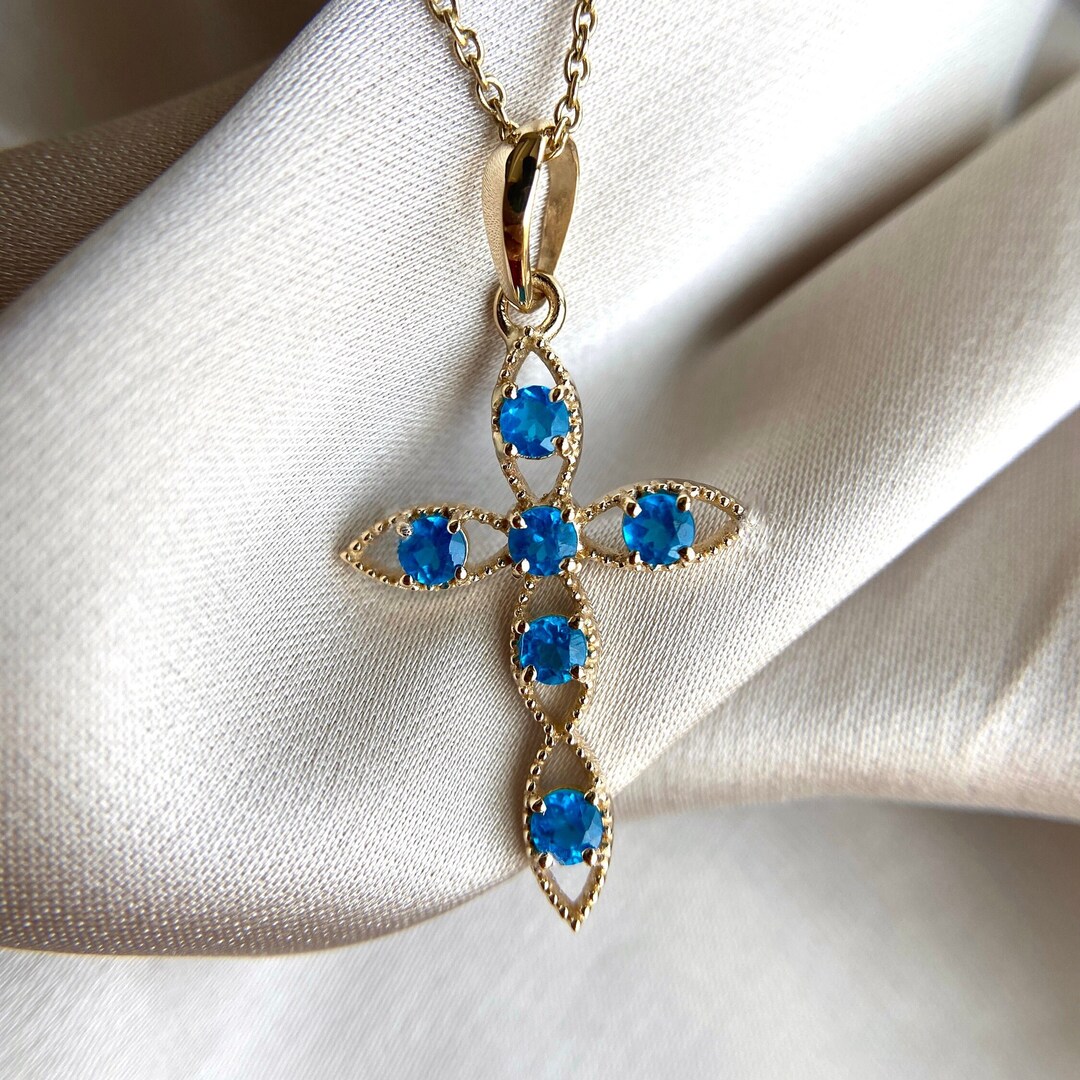 14k Solid Gold Neon Apatite Cross Pendant Holy Cross Gold - Etsy
