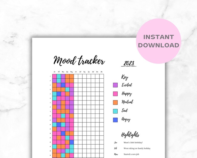 Mood Tracker Printable, Emotion and Wellbeing Journal, Yearly Log in ...
