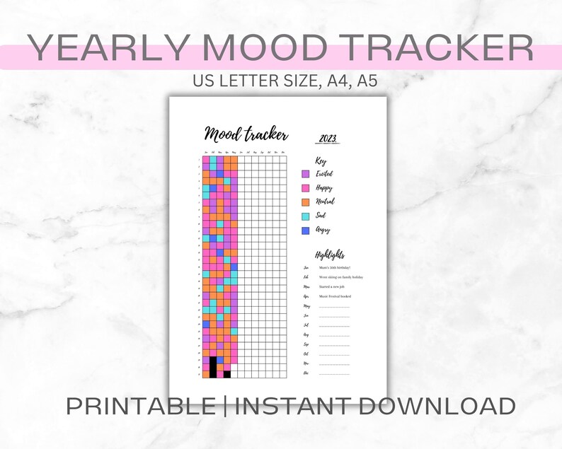 Mood Tracker Printable, Emotion and Wellbeing Journal, Yearly Log in ...