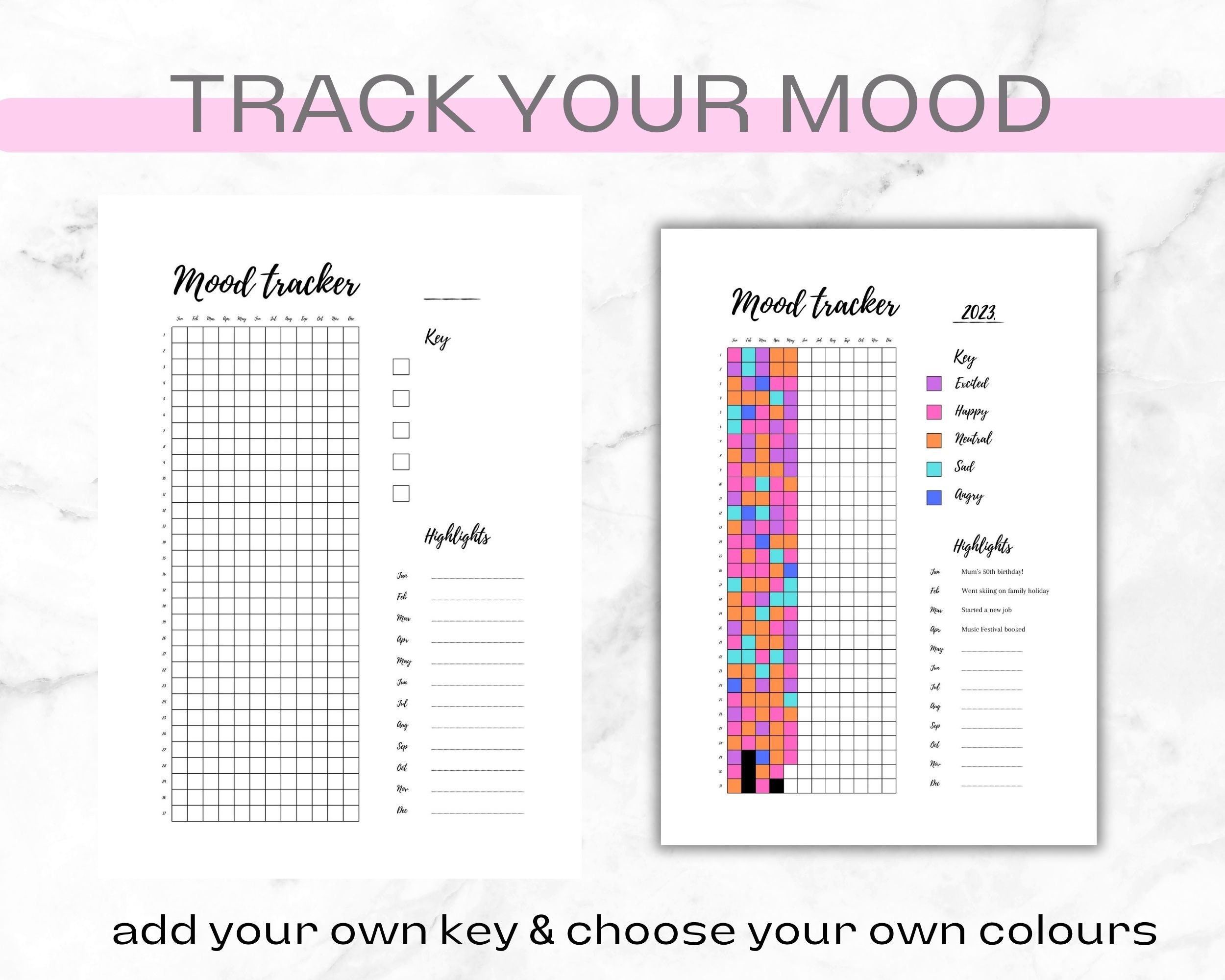 Mood Tracker Printable, Emotion and Wellbeing Journal, Yearly Log in ...