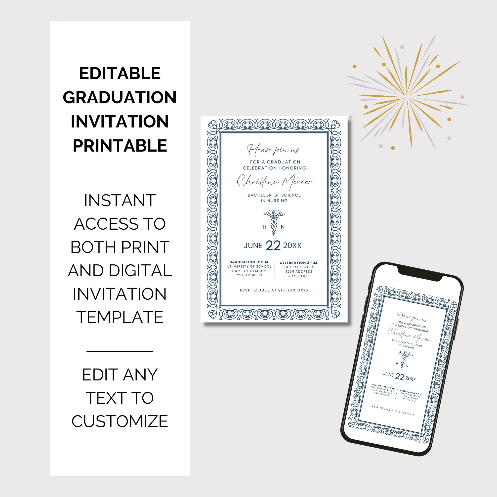 Nurse Graduation Ceremony Invitation, Editable Template, Nursing School ...