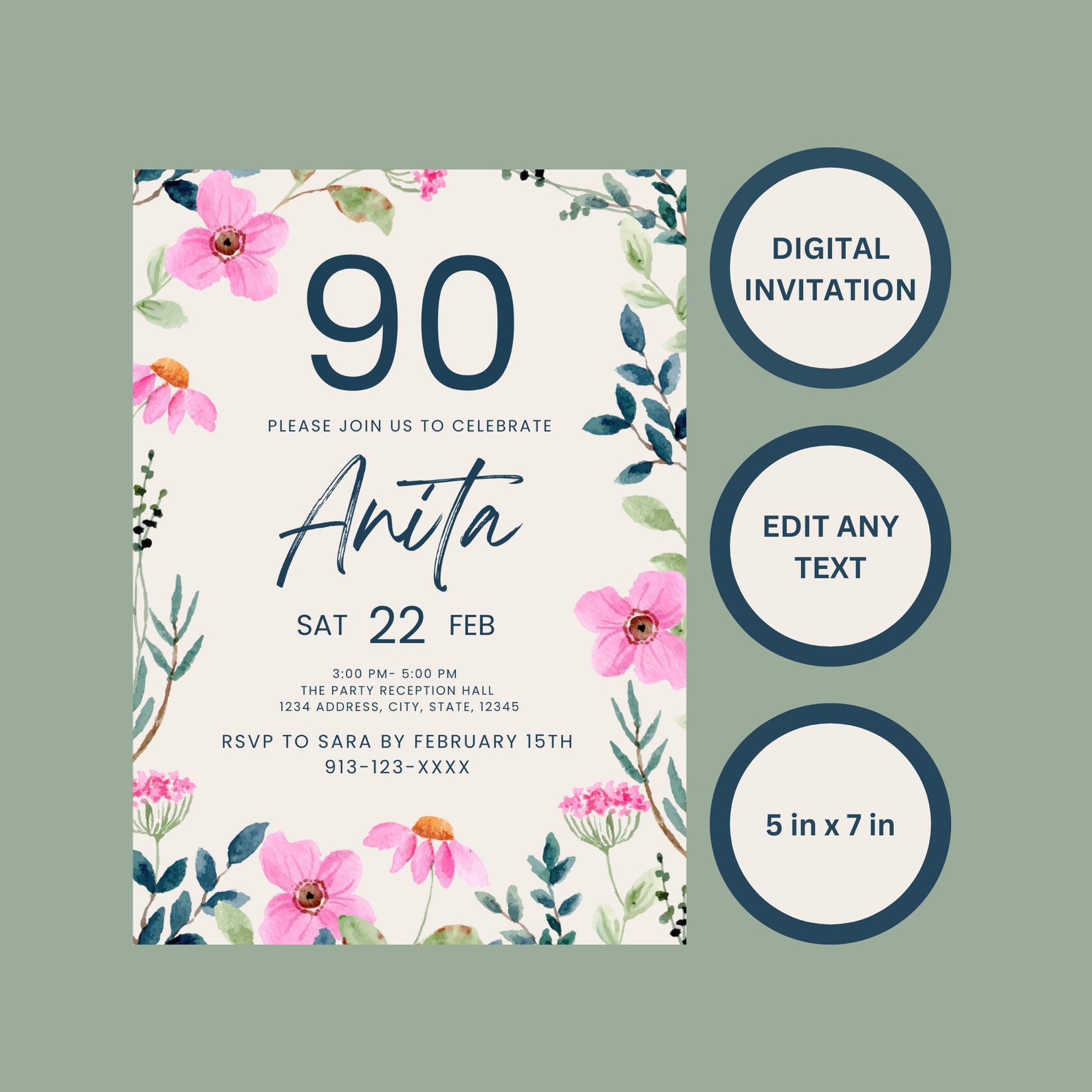 90th Birthday Invitation, 90th Birthday Card, 90th Birthday Party ...