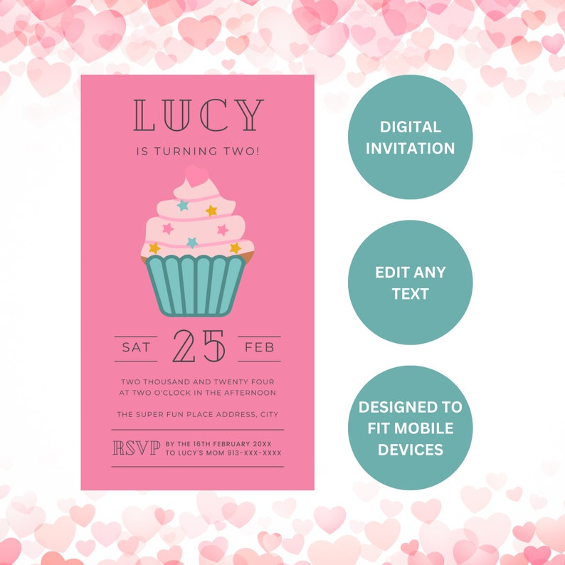 Digital Birthday Cupcake Invitation, Pink Birthday Invite, Mobile ...