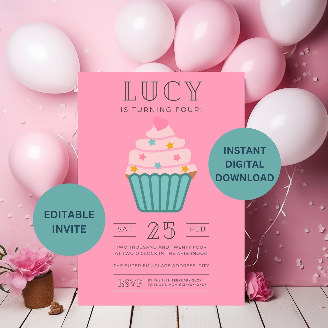 Cupcake Invitation, Instant Download, Fourth Birthday Invite, Girl 4th ...