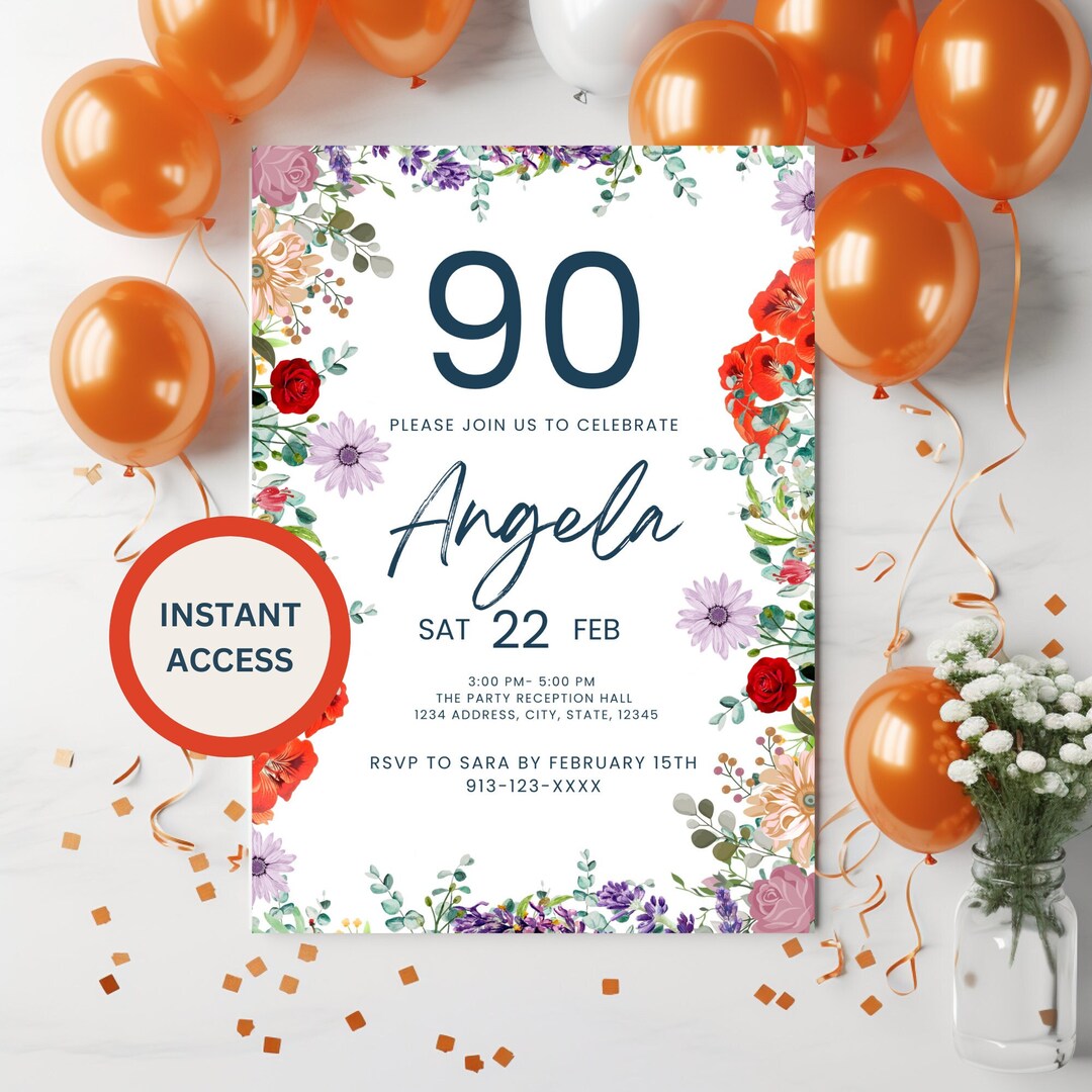90th Birthday Invitation, 90th Birthday Card, 90th Birthday Party ...