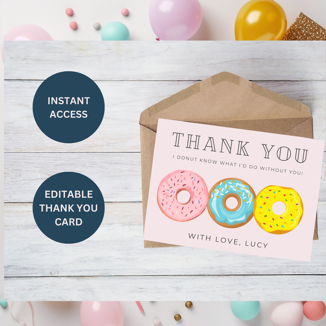 DONUT THANK YOU Card Instant Download Donut Birthday Party Thank You ...