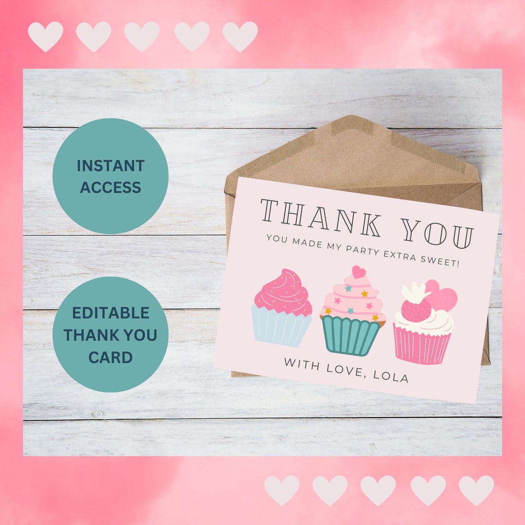 CUPCAKE THANK YOU Card Instant Download Cupcake Birthday Party Thank ...