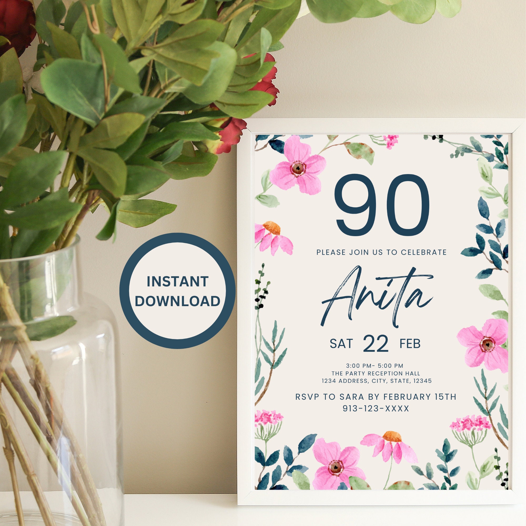 90th Birthday Invitation, 90th Birthday Card, 90th Birthday Party ...