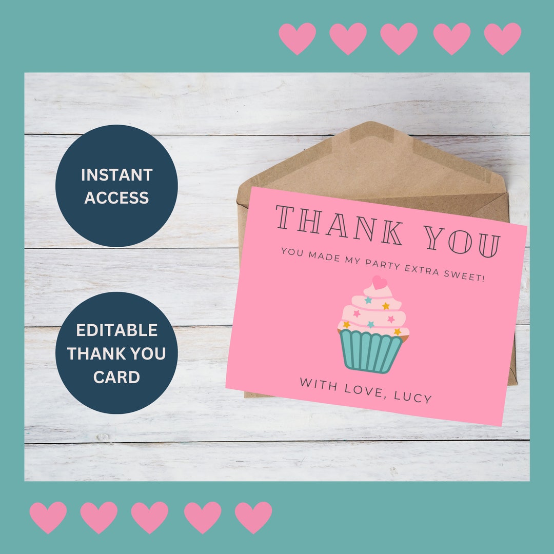 CUPCAKE THANK YOU Card Instant Download Cupcake Birthday Party Thank ...