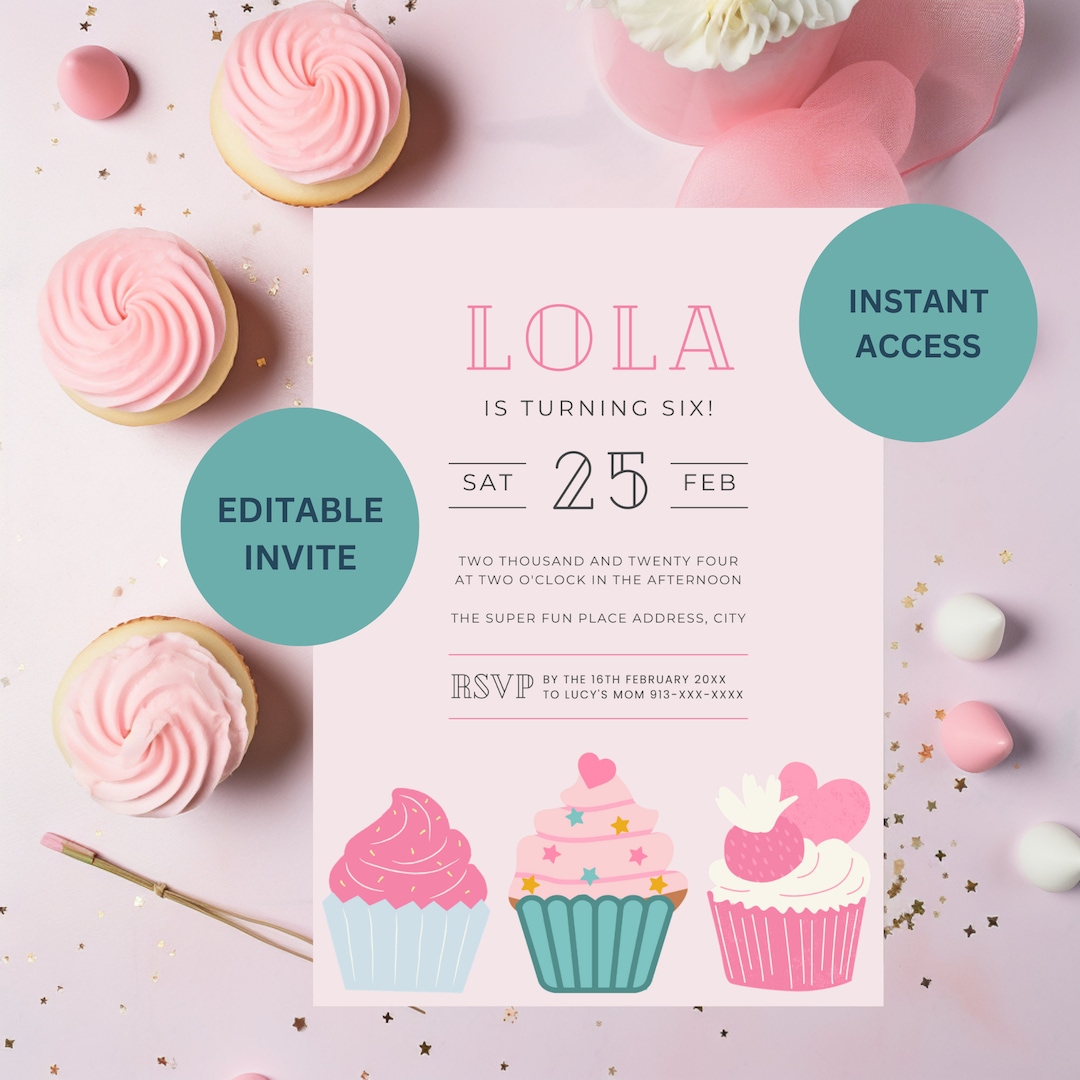Cupcake Invitation, Instant Download, Sixth Birthday Invite, Girl 6th ...