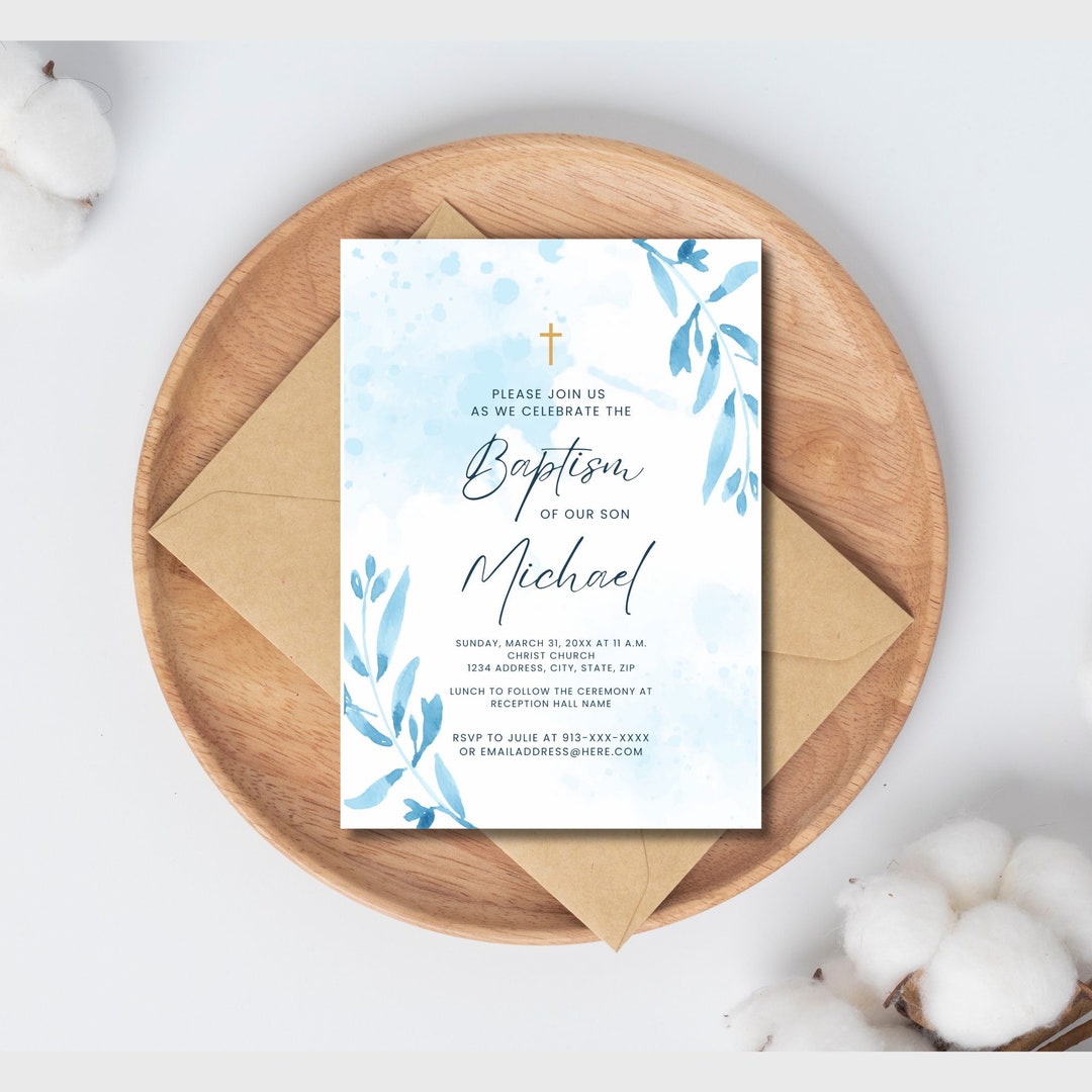 Digital Christening Invitation, Boy Baptism Invitation Template, Blue ...