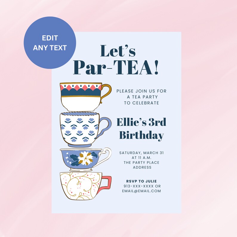 Editable Tea Party Birthday Invitation Girl Par-tea, Instant Download ...