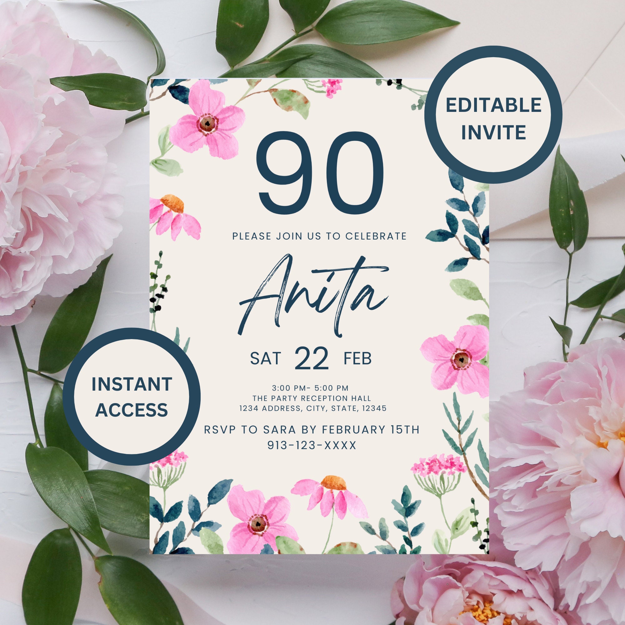 90th Birthday Invitation, 90th Birthday Card, 90th Birthday Party ...