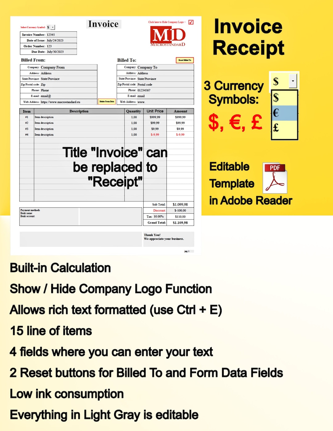 Best Invoice Receipt PDF Template, 3 Currencies Template, Company Logo ...