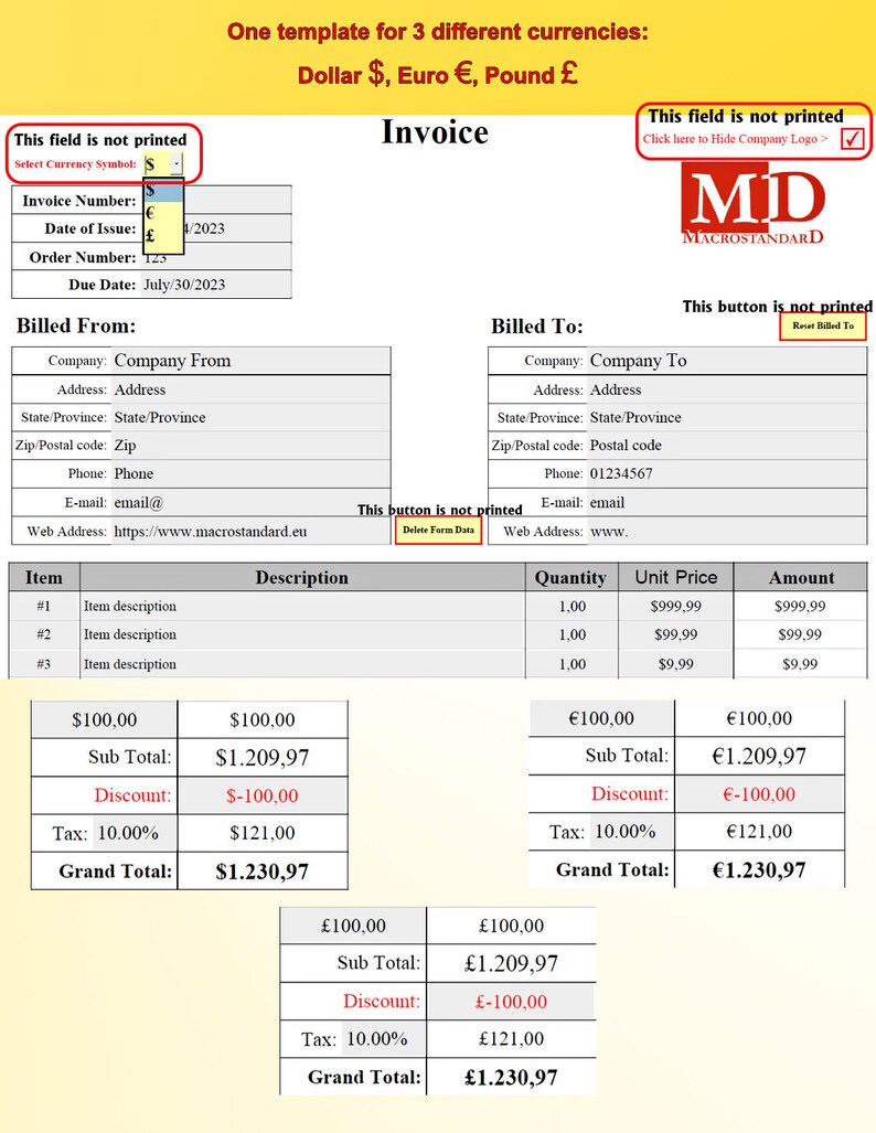 Best Invoice Receipt PDF Template, 3 Currencies Template, Company Logo ...