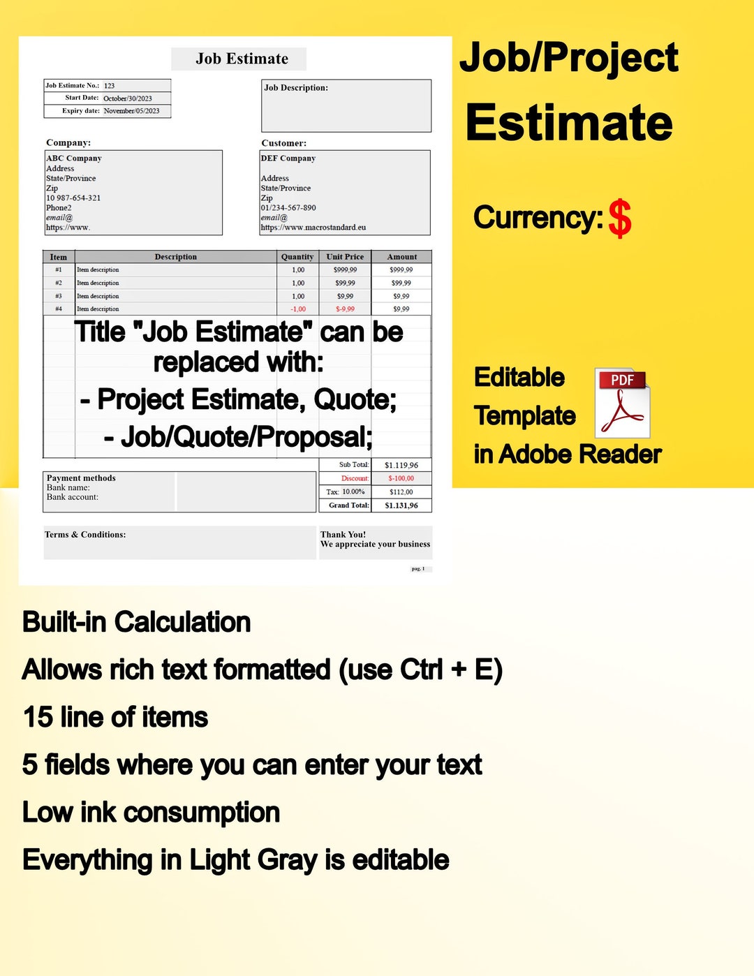 Simple Job Estimate PDF Form Template, Dollar Quote Template, Project ...