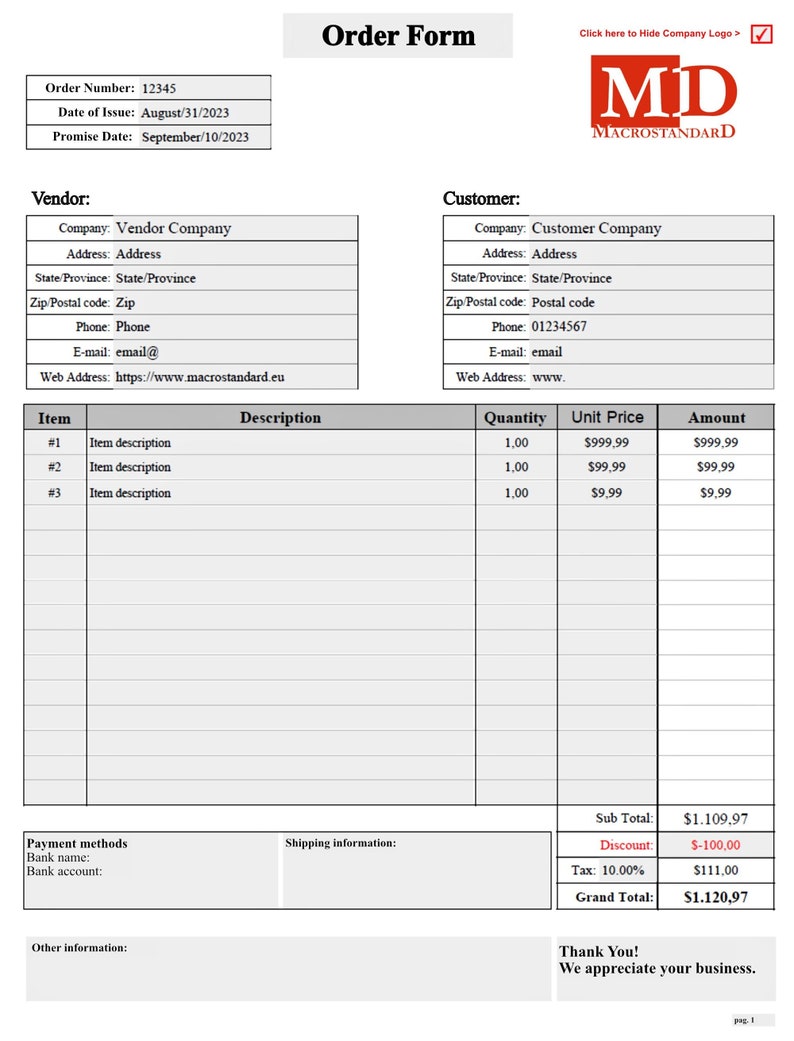 Purchase Order PDF Template, Dollar Order Template, Show/hide Company ...