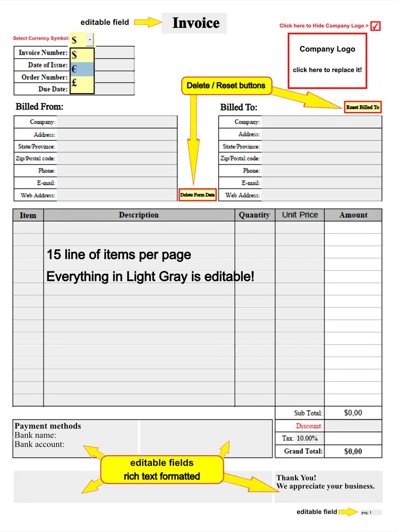 Best Invoice Receipt PDF Template, 3 Currencies Template, Company Logo, Auto-calculate Fields ...