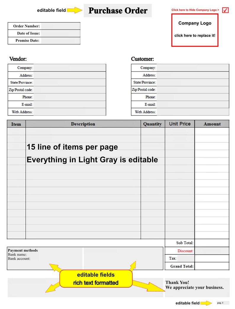 Purchase Order PDF Template, Dollar Order Template, Show/hide Company ...