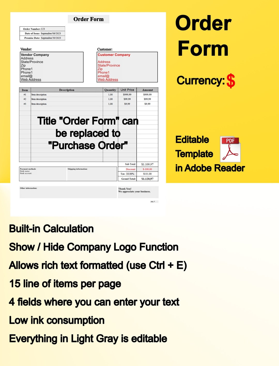 Simple Dollar Purchase Order Form PDF Template, Dollar Order Template ...