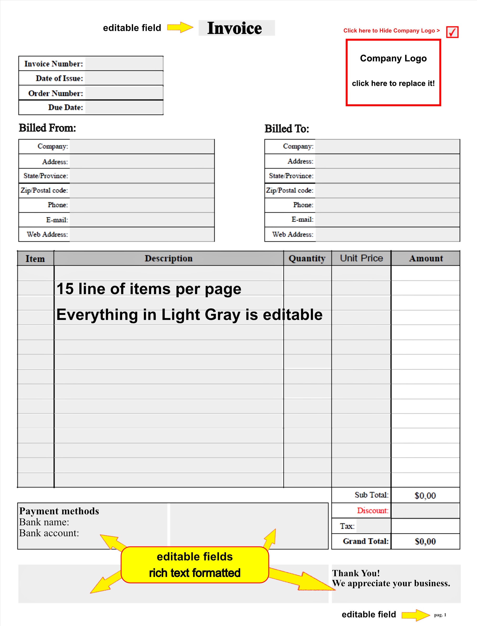 Simple Dollar Invoice Template: Auto-calculate, Show/hide Logo (printable, Editable PDF) - Etsy
