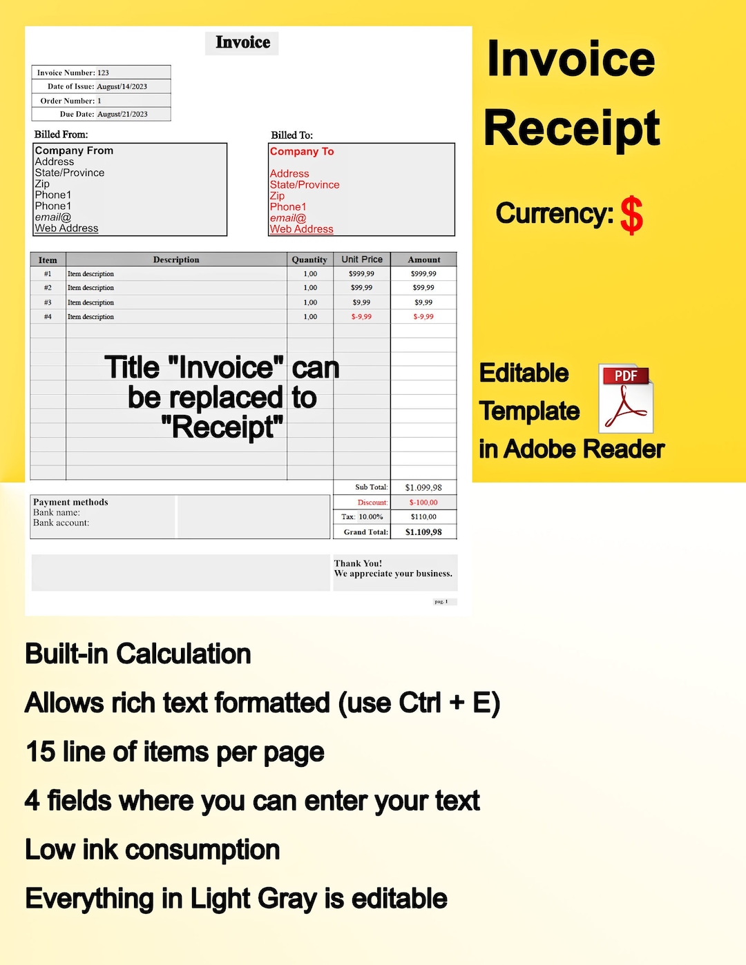 Simple Dollar Invoice PDF Template, Dollar Receipt PDF Template, Auto ...