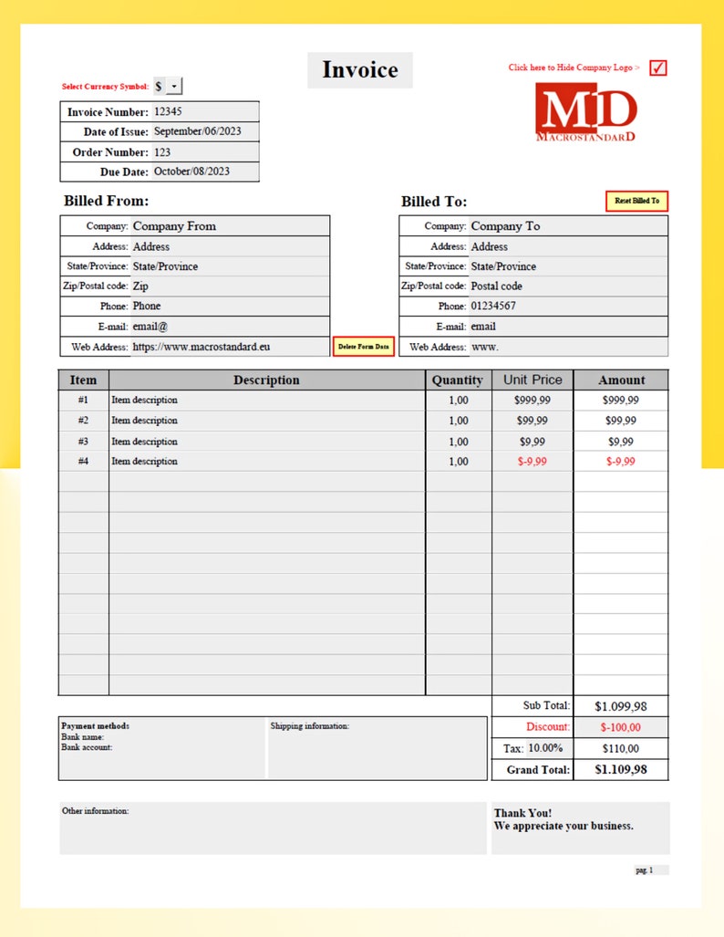 Best Invoice Receipt PDF Template, 3 Currencies Template, Company Logo ...