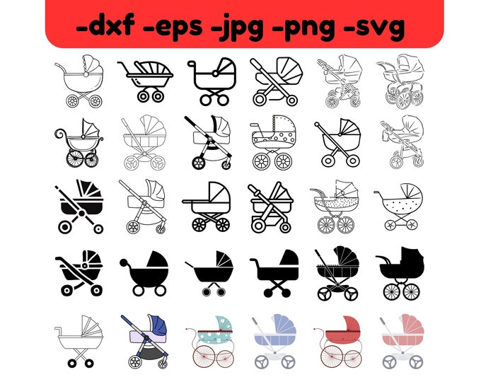 Pram SVG Bundle, Baby Stroller, Baby Buggy Silhouette Clipart, Outline ...