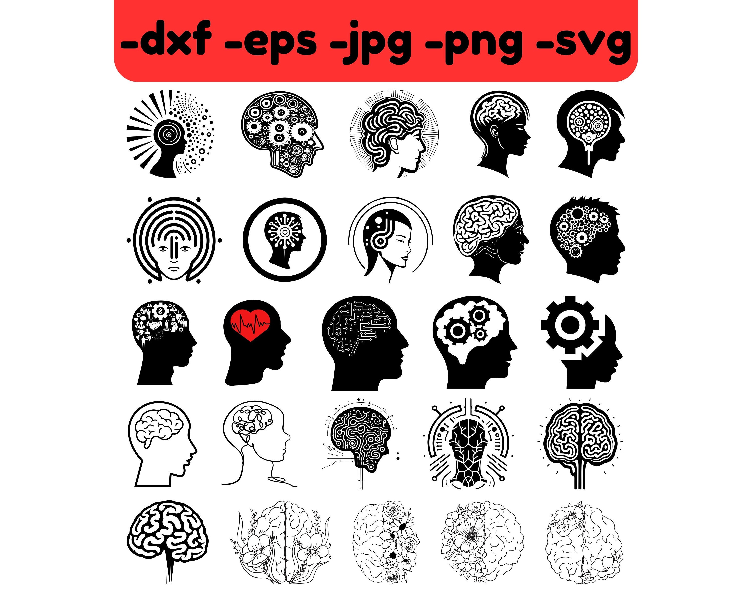 Brain 25 SVG Bundle, Flower Brain Svg, Mental Health Svg, Human Brain ...