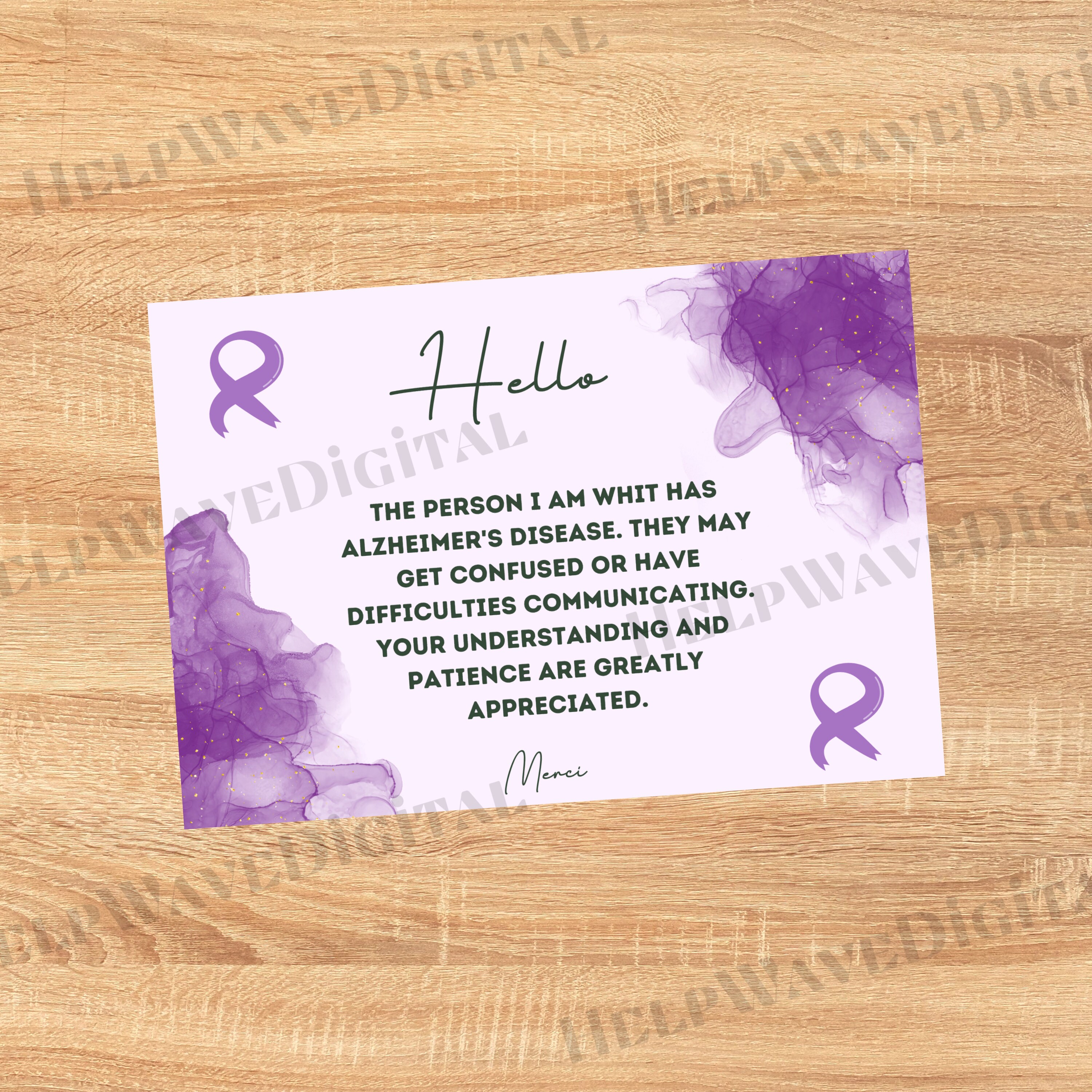 Alzheimer's Dementia Companion Card , Printable, Awarness, Purple ...