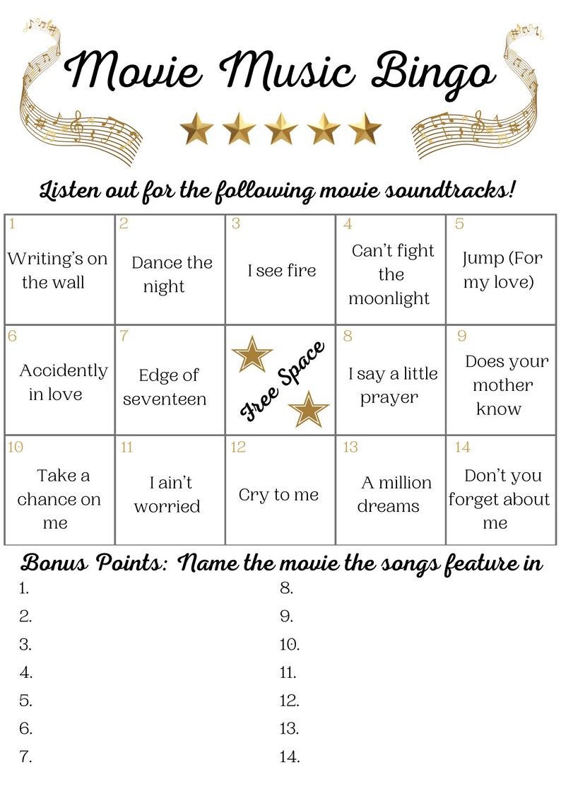 Movie Music Bingo Printable Game Digital Print Hollywood Movies ...