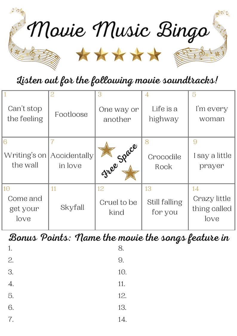 Movie Music Bingo Printable Game Digital Print Hollywood Movies ...