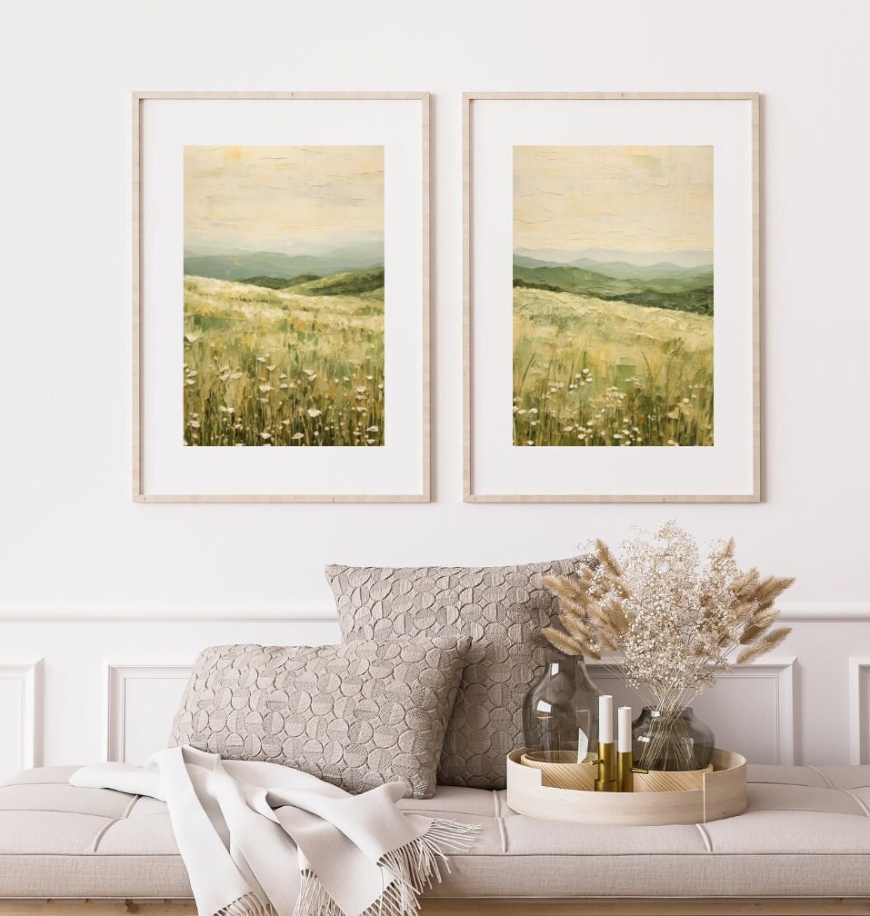 Abstract Wall Art Set of 2, Muted Green Landscape, Dark Green Wall Art ...