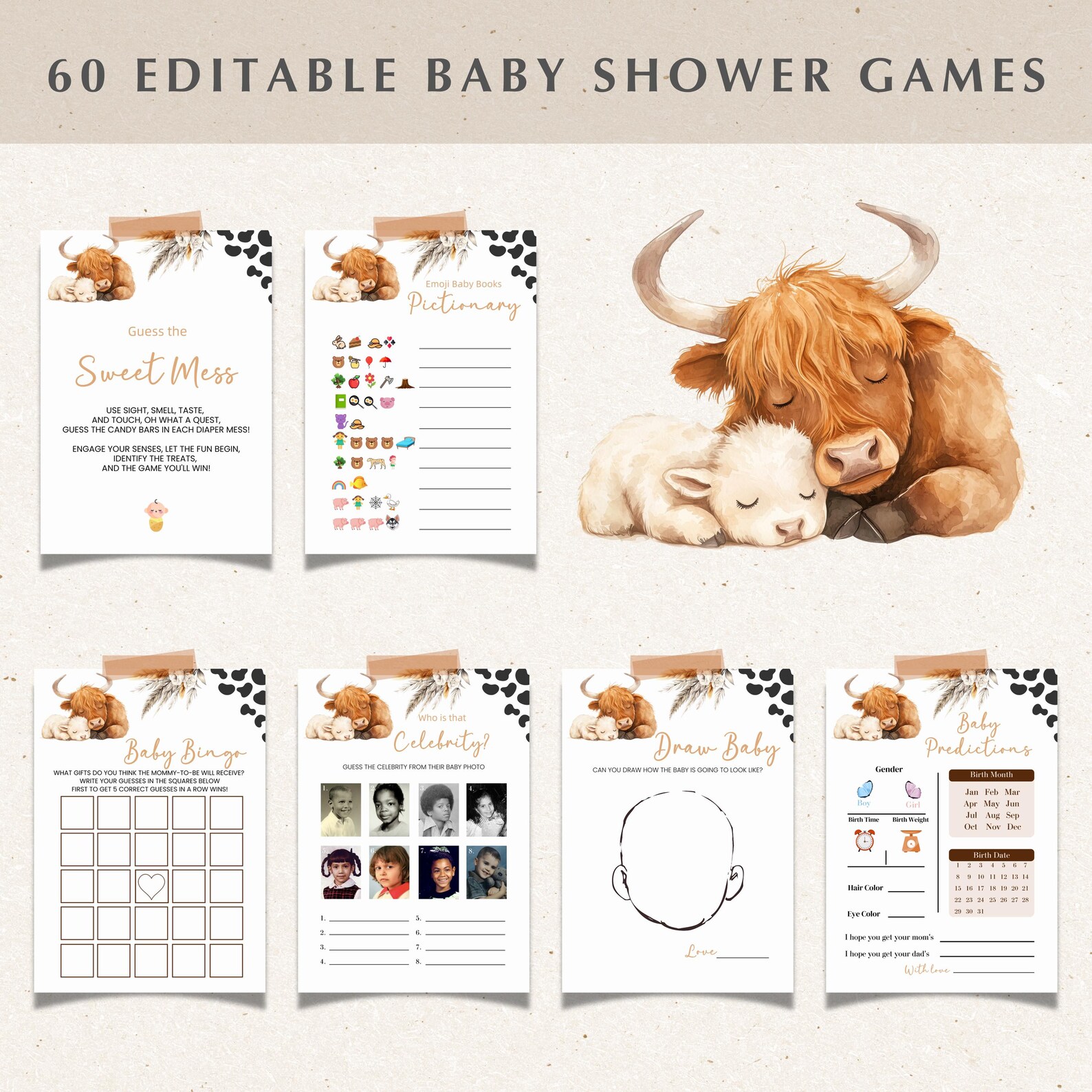Holy Cow Baby Shower Games Bundle, Editable Boho Highland Cow Baby ...