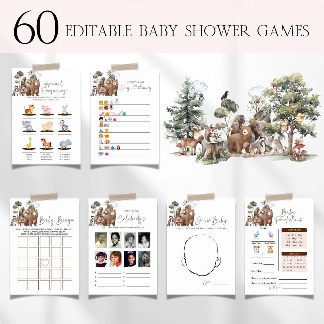 Woodland Baby Shower Games Bundle, Editable Forest Animals Baby Shower ...