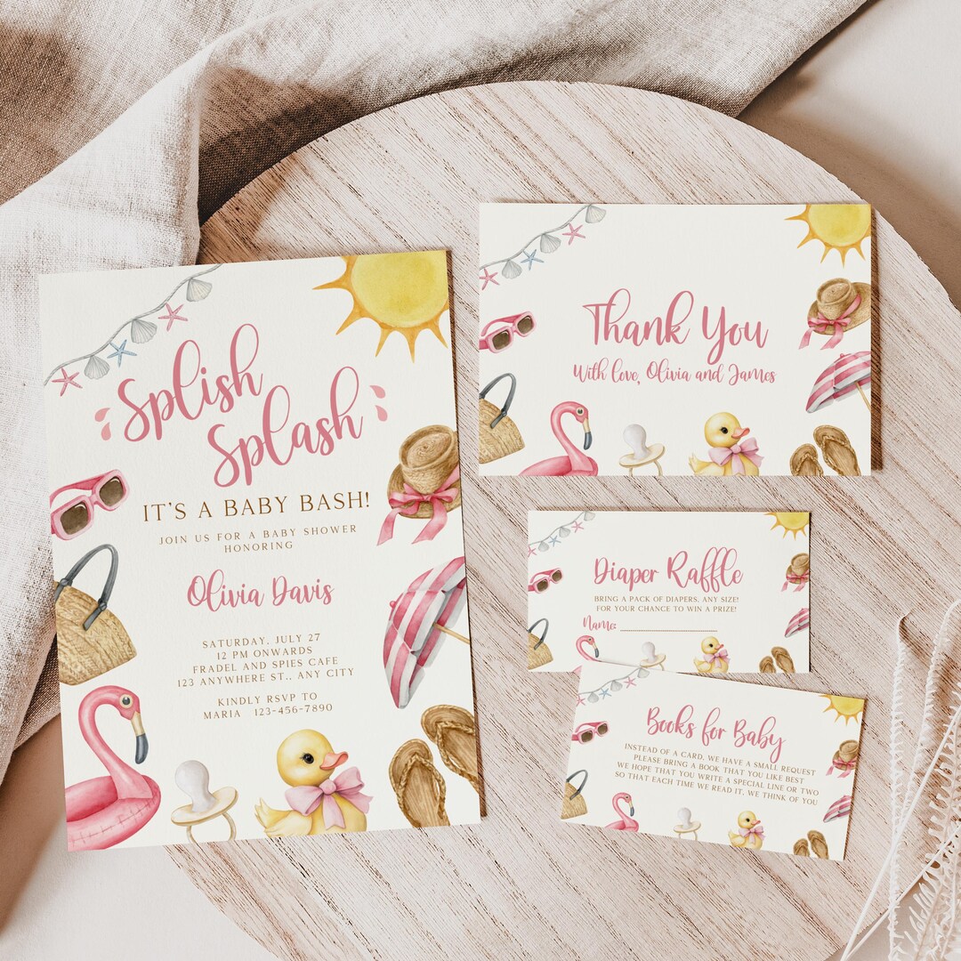 Splish Splash Baby Shower Invitation Bundle, Editable Summer Beach Girl ...