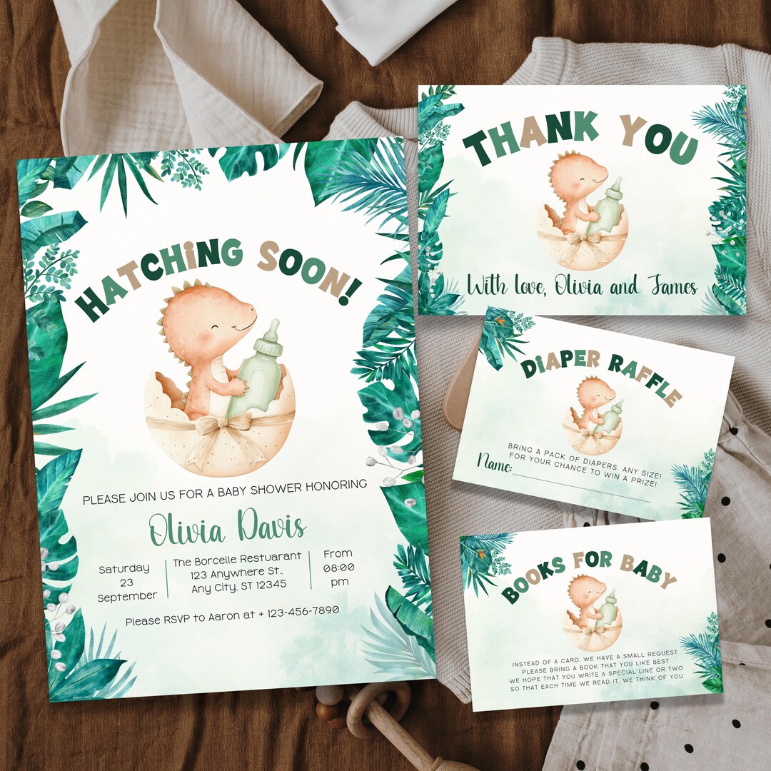 Hatching Soon Baby Shower Invitation Bundle, Editable Boy Girl Dinosaur ...