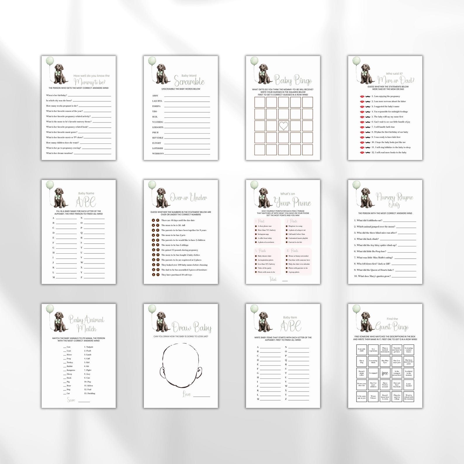 Puppy Baby Shower Games Bundle, Editable Chocolate Labrador Boy Baby ...