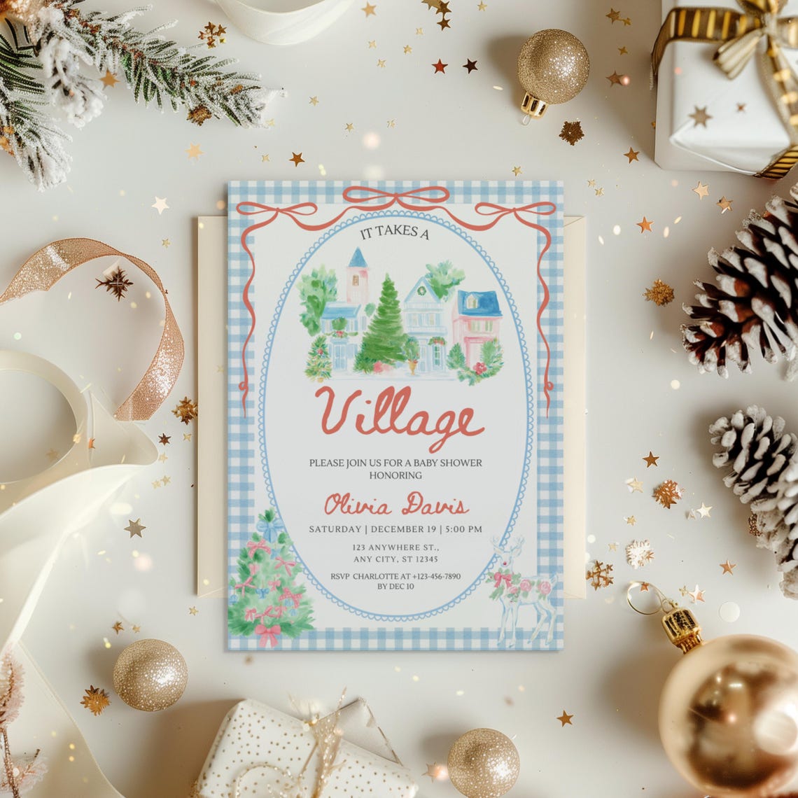 It Takes A Village Baby Shower Invitation Bundle, Editable Christmas ...