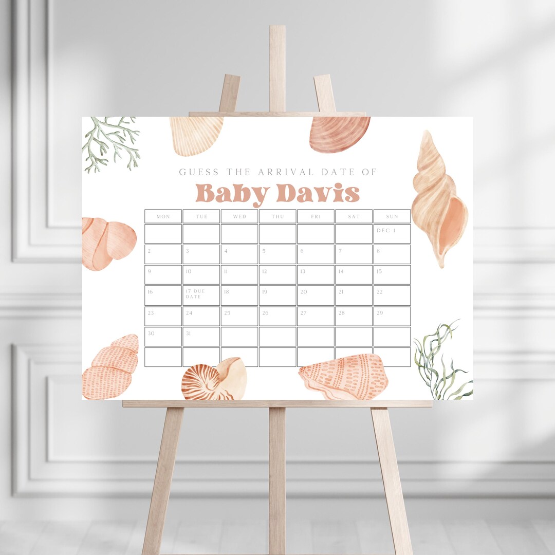 Seashell Baby Shower Due Date Calendar, Editable Gender Neutral Ocean ...