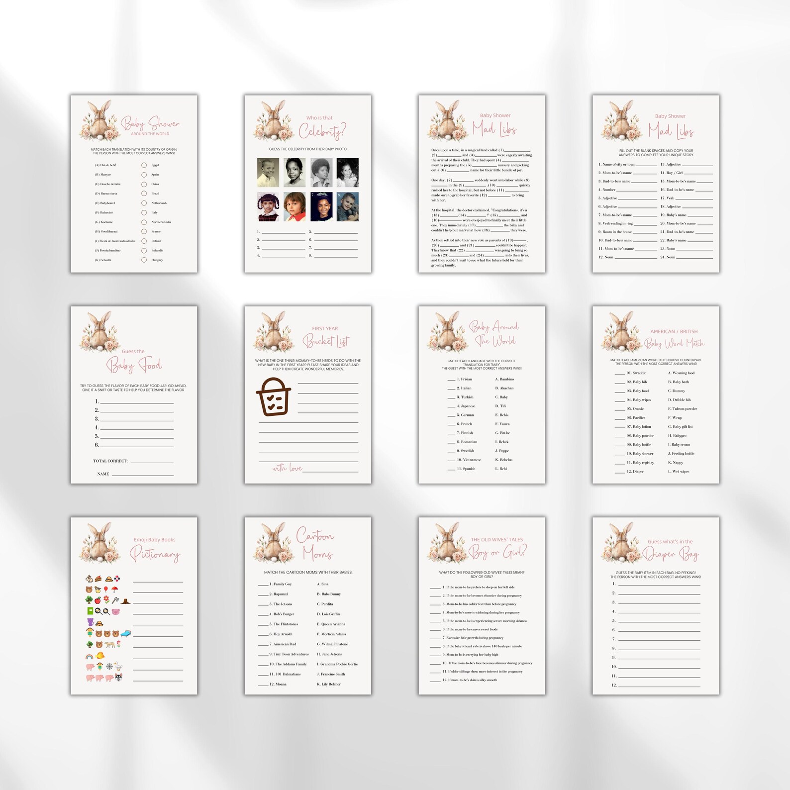 Bunny Baby Shower Games Bundle, Spring Rabbit Baby Shower Games Set ...