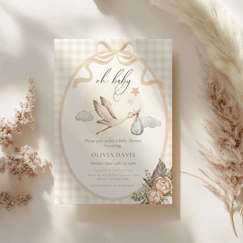 Stork Baby Shower Invitation Bundle, Editable Printable Invite, Gender ...