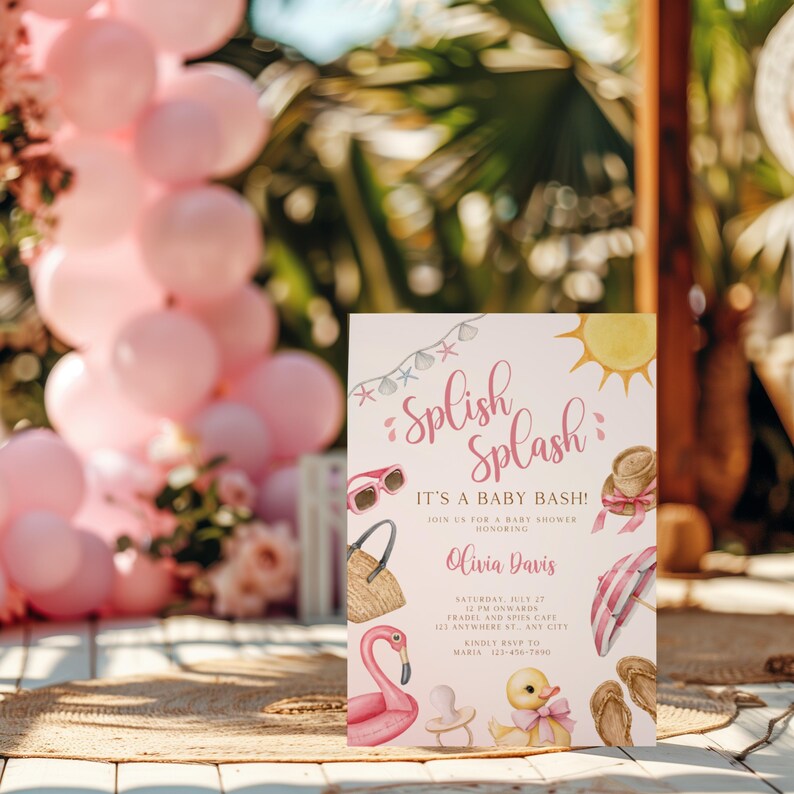Splish Splash Baby Shower Invitation Bundle, Editable Summer Beach Girl ...
