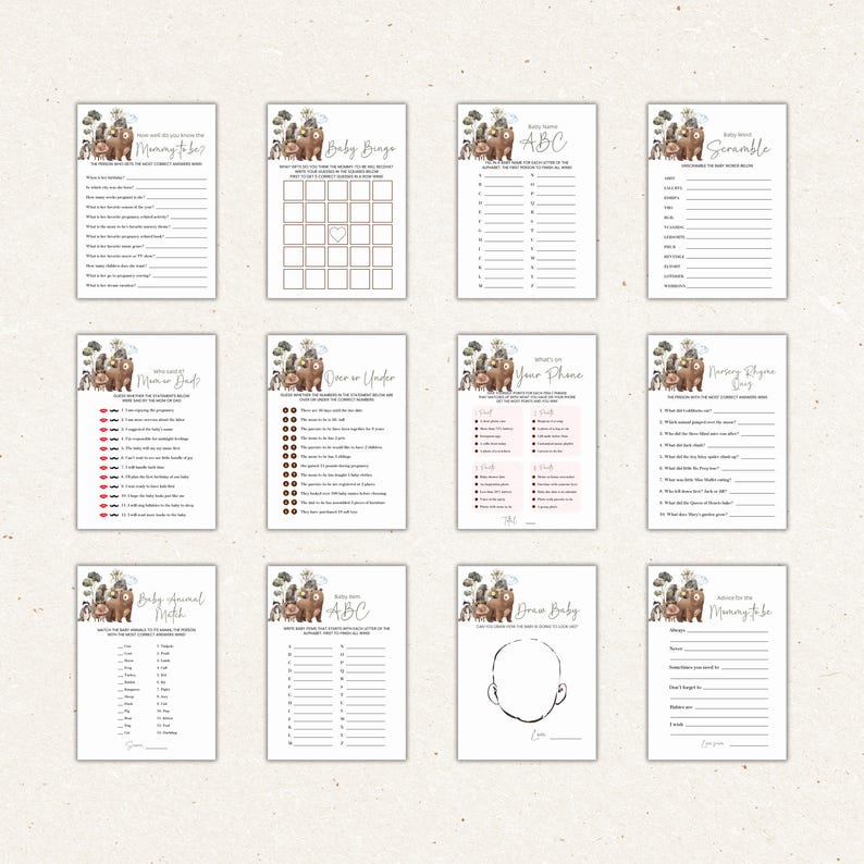 Woodland Baby Shower Games Bundle, Editable Forest Animals Baby Shower ...
