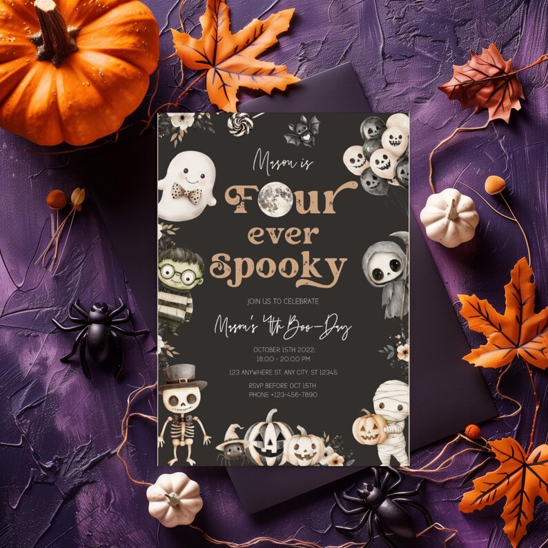 Four Ever Spooky Halloween Birthday Invitation, Editable Halloween 4th ...