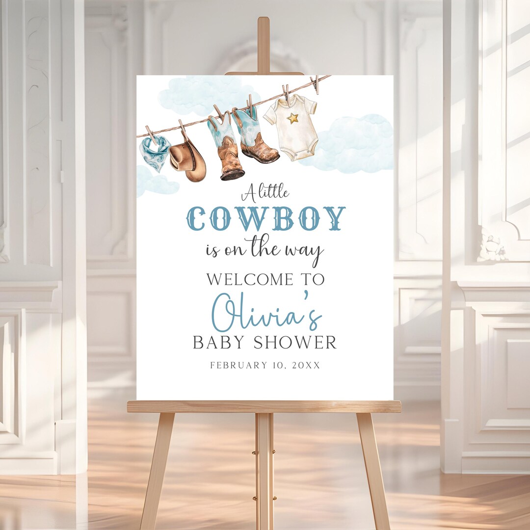 Little Cowboy Baby Shower Welcome Sign, Editable Rodeo Cowboy Wild West ...