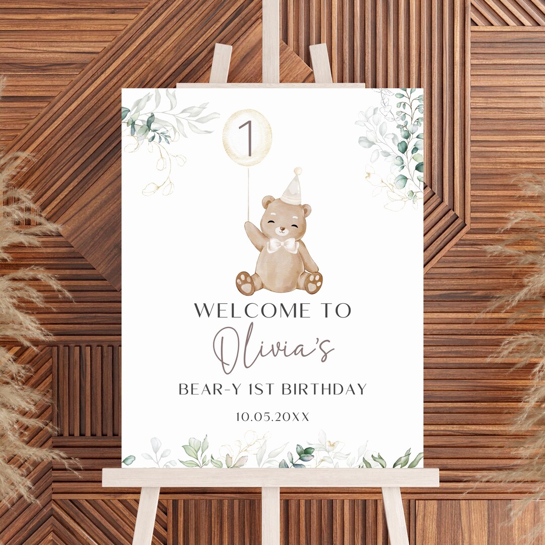 Beary First Birthday Welcome Sign, Editable Teddy Bear First Birthday ...